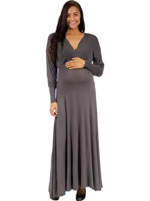 24SEVEN COMFORT APPAREL V-neck Long Sleeve Maternity Maxi Dress - Charcoal