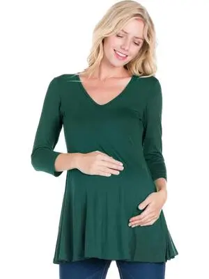 24SEVEN COMFORT APPAREL Three Quarter Sleeve V-neck Maternity Tunic Top - Forest
