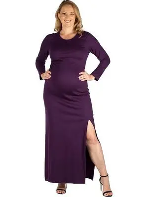 24SEVEN COMFORT APPAREL Long Sleeve Maternity Maxi Dress With Side Slit - Purple