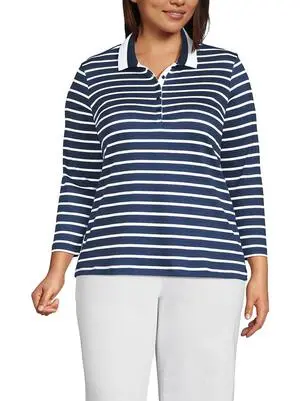 LANDS' END Supima Cotton 3/4 Sleeve Polo Shirt - Deep Sea Breton Stripe Tipped