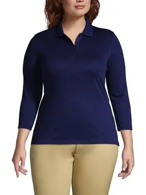 LANDS' END Supima Cotton 3/4 Sleeve Polo Shirt - Deep Sea Navy