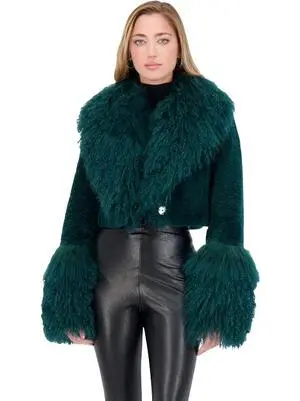 Gorski Shearling Bolero With Shearling Collar And Cuffs - Forest Green