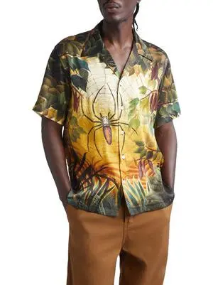 ENDLESS JOY Spiderweb Silk Satin Camp Shirt - Black/orange
