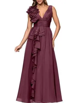 XSCAPE EVENINGS Ruffle Organza Gown - Wine