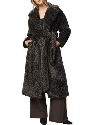 Splendid Lucia Tie Waist Leopard Print Faux Fur Coat - Brown Leopard Print