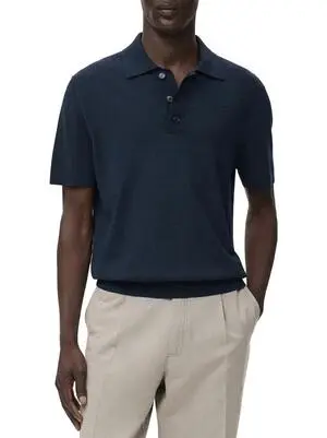 Mango Cotton Blend Knit Polo - Navy