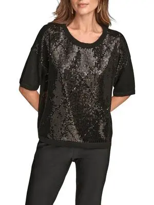 Donna Karan New York Sequin Embellished Short Sleeve Sweater - Black