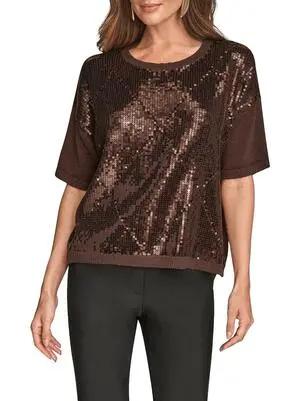 Donna Karan New York Sequin Embellished Short Sleeve Sweater - Chocolate