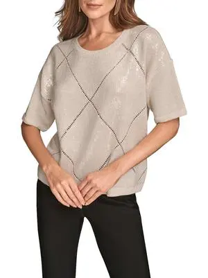 Donna Karan New York Sequin Embellished Short Sleeve Sweater - Cream