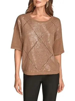 Donna Karan New York Sequin Embellished Short Sleeve Sweater - Fawn