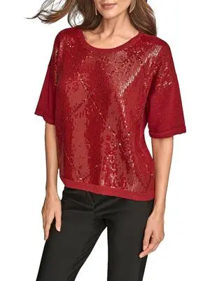 Donna Karan New York Sequin Embellished Short Sleeve Sweater - Metropolitan Red
