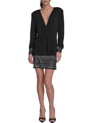 Bcbgmaxazria Rhinestone Detail Long Sleeve Dress - Black