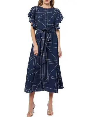 CIEBON Anastasia Geo Print Flutter Sleeve Dress - Navy/white