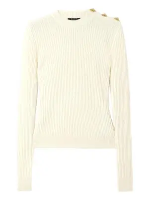 Balmain Button-embellished Ribbed Wool And Cashmere-blend Sweater - Neutrals