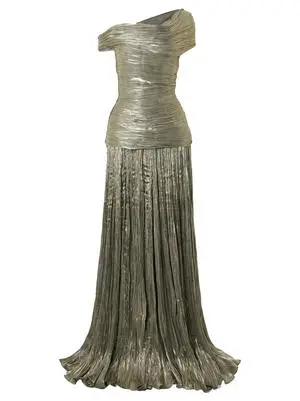 MARMAR HALIM Off-the-shoulder Ruched Metallic Plissé-chiffon Gown - Gold