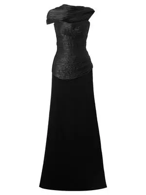 MARMAR HALIM Strapless Plissé-satin And Crepe Gown With Cape - Black