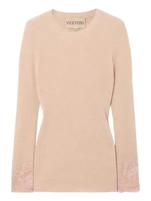 Valentino Garavani Lace-trimmed Ribbed Cashmere Top - Pink