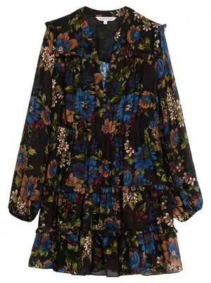 Veronica Beard Floral Silk Mini Dress - Black Mult