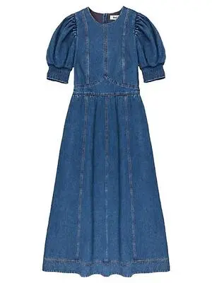 RO&ZO Puff-sleeved Denim Midi Dress - Blue