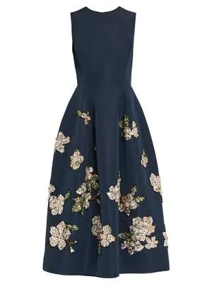 Oscar De La Renta Floral Embroidered Midi Cocktail Dress - Navy