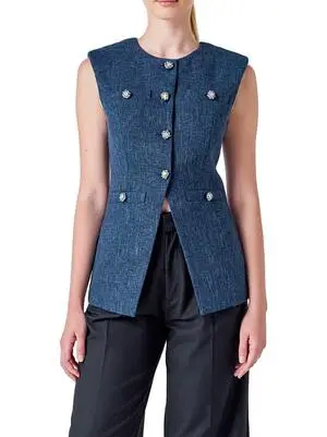 Endless Rose Textured Longline Vest With Button Details - Navy