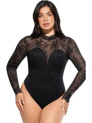 POPILUSH Shapewear Mock Neck Floral Lace Bodysuit - Midnight Black