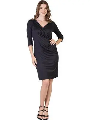 24SEVEN COMFORT APPAREL Draped V-neck Knee-length Dress - Black