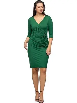 24SEVEN COMFORT APPAREL Draped V-neck Knee-length Dress - Emerald