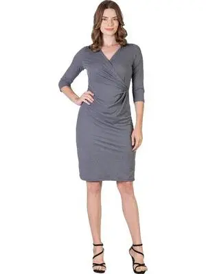 24SEVEN COMFORT APPAREL Draped V-neck Knee-length Dress - Grey