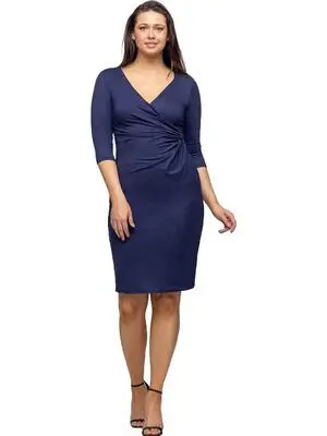 24SEVEN COMFORT APPAREL Draped V-neck Knee-length Dress - Navy