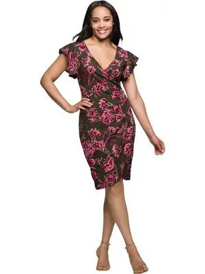 24SEVEN COMFORT APPAREL Floral Flutter Sleeve Wrap Knee Length Dress - Brown Multi