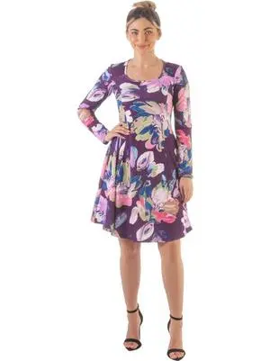 24SEVEN COMFORT APPAREL Floral Print Knee Length Dress - Purple Multi