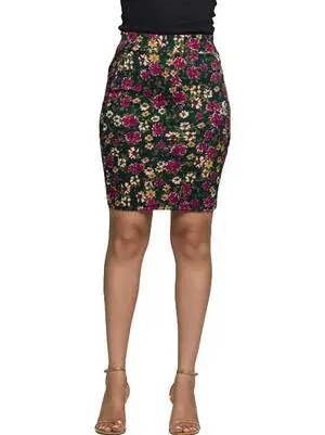 24SEVEN COMFORT APPAREL Floral Print Knee Length Pencil Skirt - Pink Multi