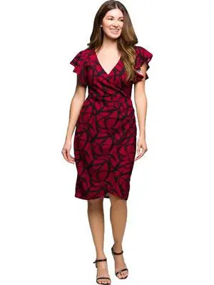 24SEVEN COMFORT APPAREL Print Flutter Sleeve Faux Wrap Midi Dress - Red Multi