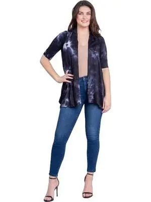 24SEVEN COMFORT APPAREL Tie-dye Elbow Sleeve Open Front Cardigan - Black Multi