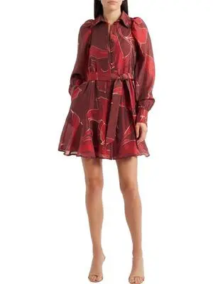 CIEBON Silvie Long Sleeve Tie Belt Shirtdress - Burgundy/red