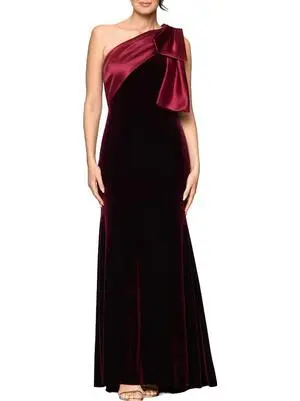 Betsy & Adam Bow One-shoulder Mikado Gown - Burgundy