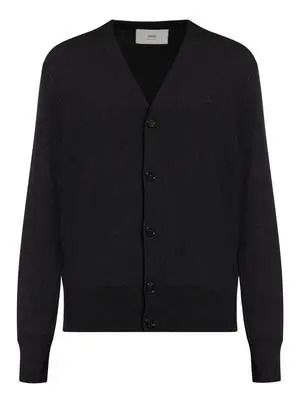 Ami Wool Cardigan With Embroidered Logo - Black