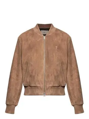 Ami Suede Bomber Jacket With Embossed Logo - Brown