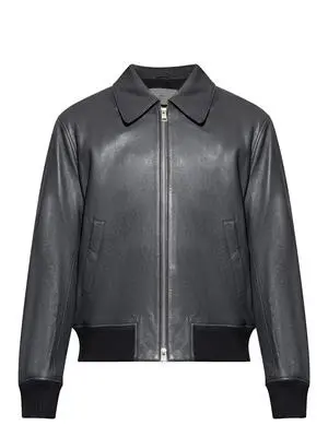 Ami Leather Bomber Jacket - Navy Blue