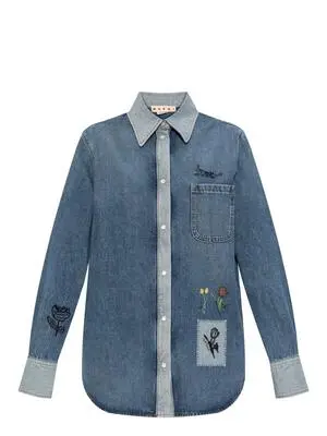 Marni Denim Shirt With Floral Embroidery - Blue