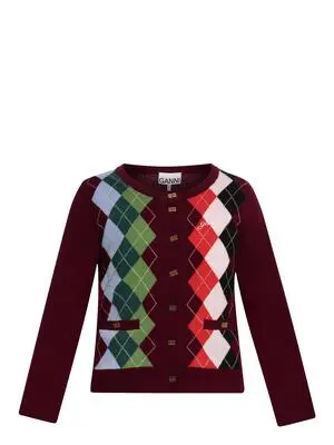 GANNI Argyle Wool And Cashmere Cardigan - Burgundy