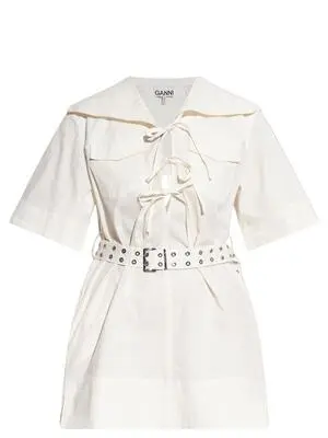 GANNI Belted Dress With Laced Neckline - Cream