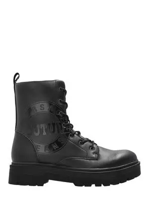 Versace Leather Lace-up Boots With Logo - Black