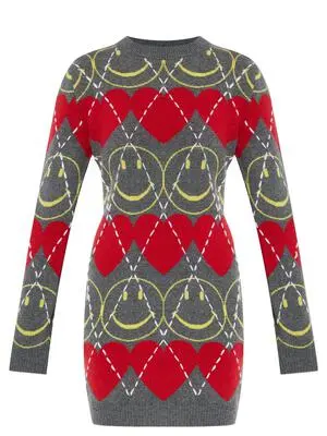 Moschino X Smiley Argyle Knit Mini Dress - Grey