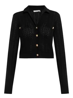 Alessandra Rich Cardigan With Decorative Knit And Pearl Buttons - Black
