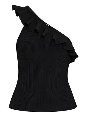 Zimmermann One-shoulder Ribbed Top With Ruffle Detail - Black