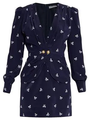 Alessandra Rich Bow Print Silk Mini Dress - Navy Blue