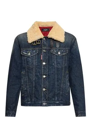 Dsquared2 Distressed Denim Jacket With Shearling Collar - Navy Blue