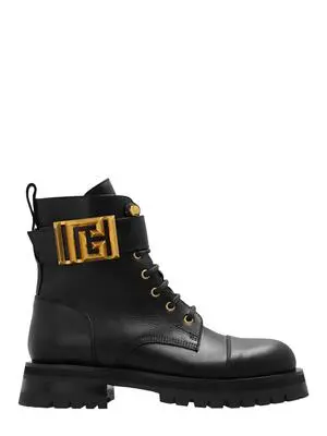 Balmain Leather Combat Boots With Golden Accents - Black